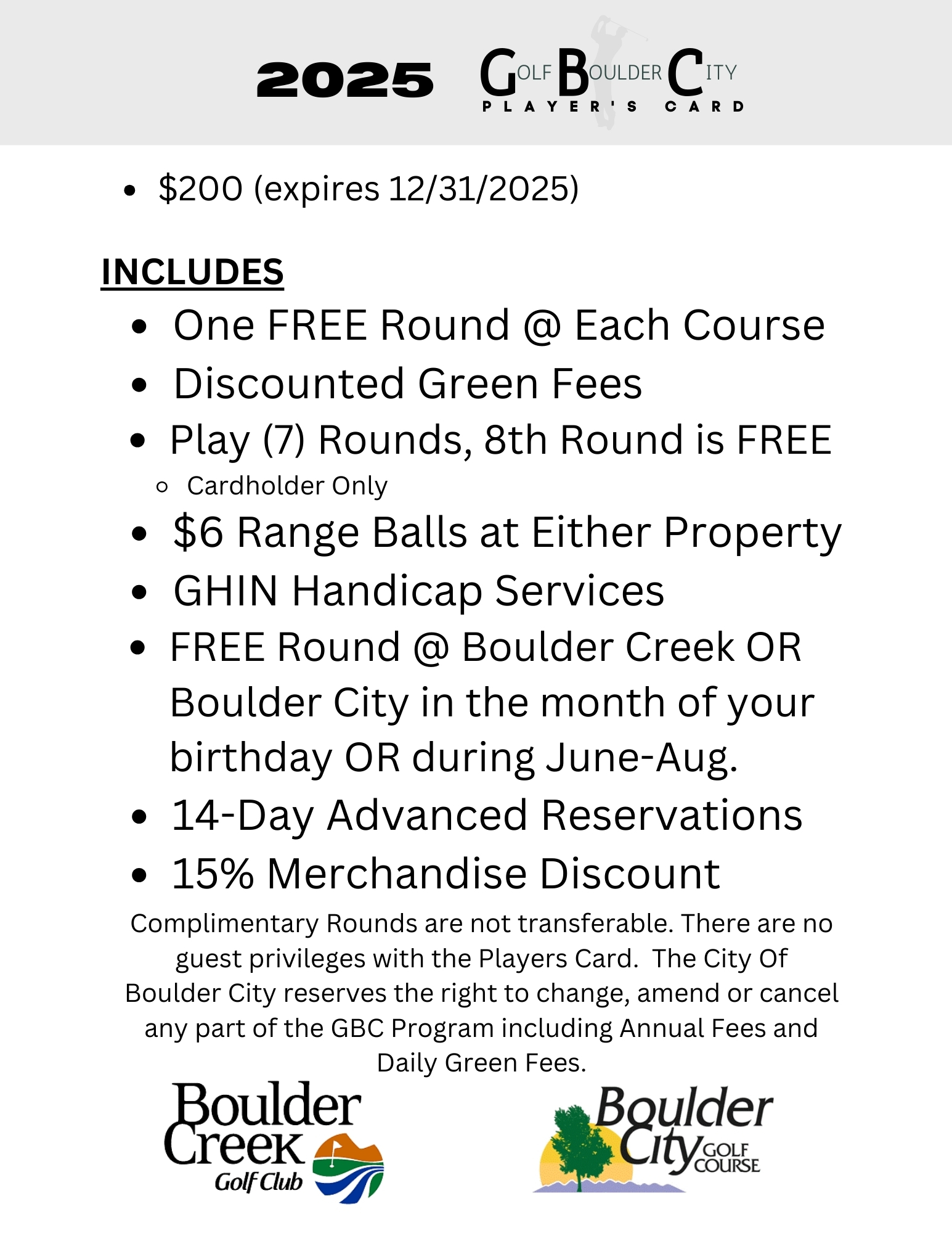 2025 GBC Players Card - Boulder City Golf